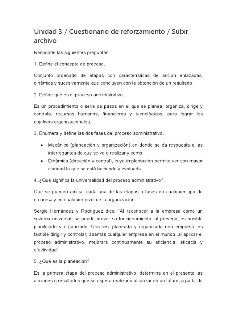 Unidad 3 Cuestionario de Reforzamiento | PDF | Planificación | Toma de ...