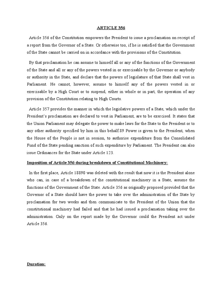 Article 356 | PDF | Presidents Of The United States | American Government