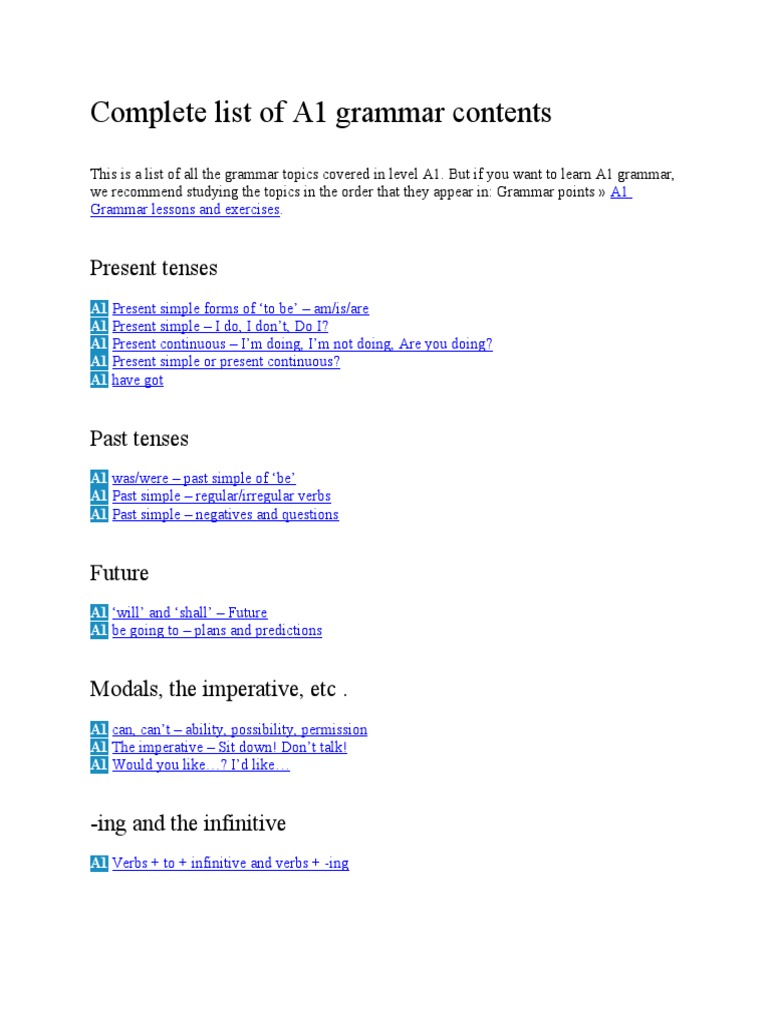 Complete List of A1 Grammar Contents | PDF