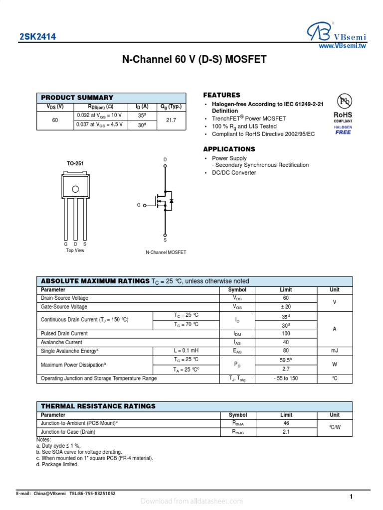 N-Channel 60 V (D-S) MOSFET: Features Product Summary | PDF | Field Effect Transistor ...