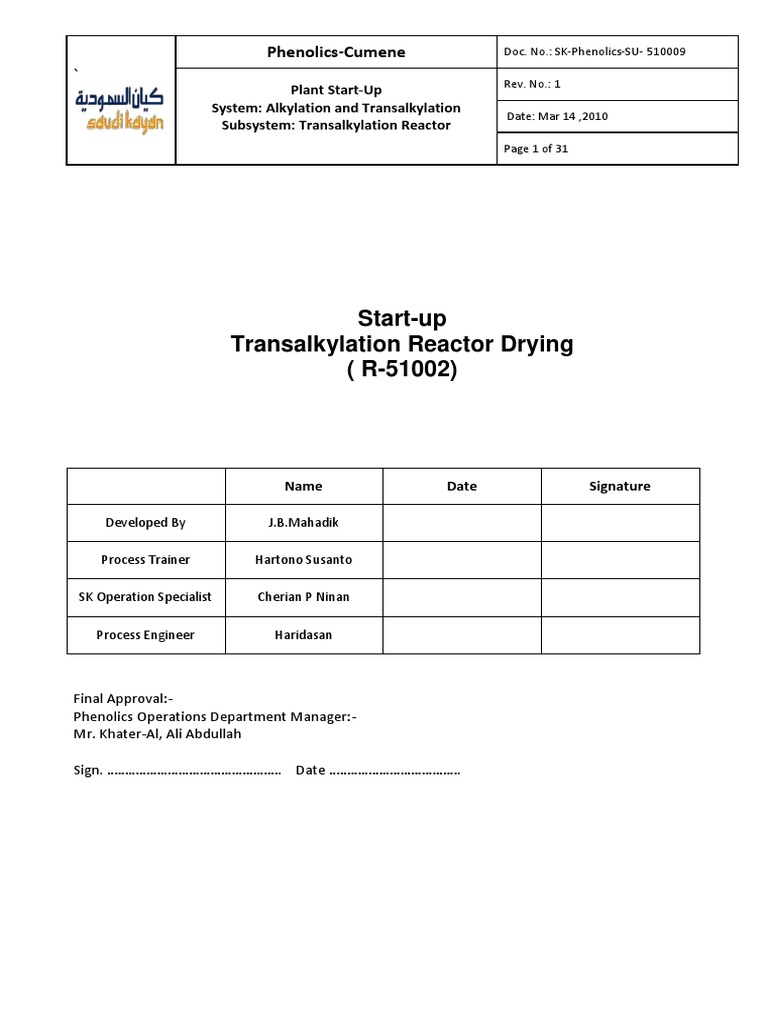 Transalkylation Reactor Start-Up Guide | PDF | Valve | Chemical Reactor