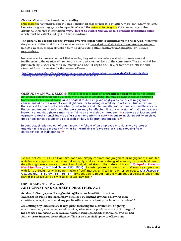 Grave Misconduct and Immorality Defined | PDF | Negligence | Crime ...