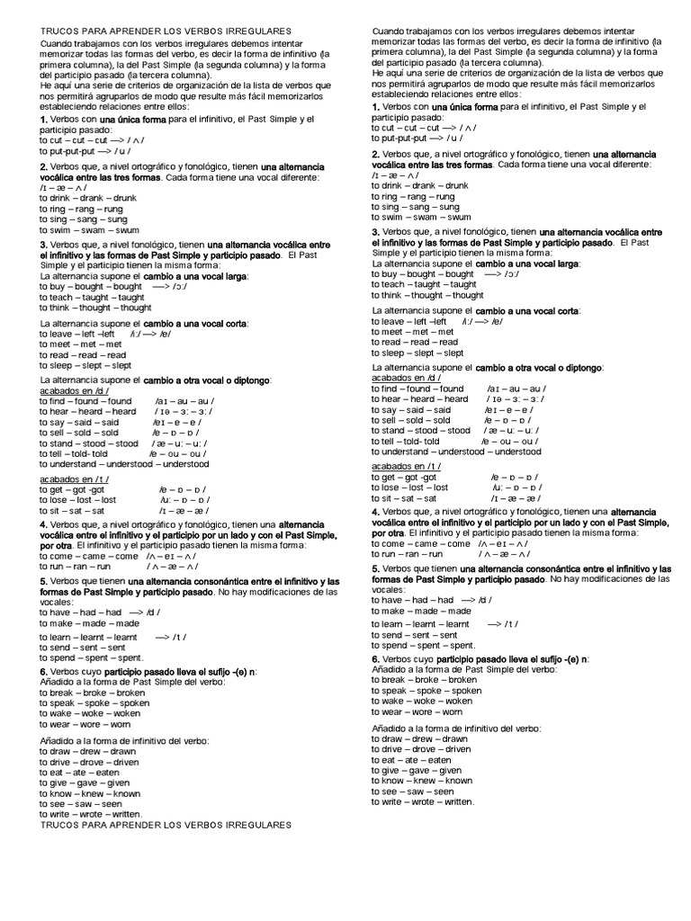 Trucos Para Aprender Los Verbos Irregulares Pdf Verbo Unidades