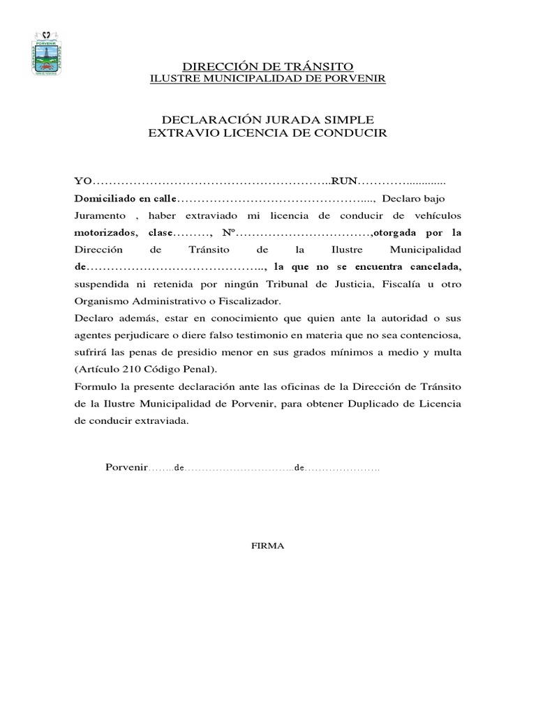 Declaración Jurada: Pérdida de Licencia en Porvenir | PDF | Derecho