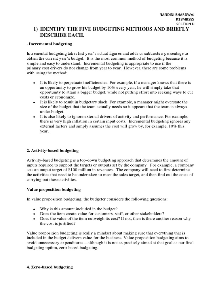1) Identify The Five Budgeting Methods and Briefly Describe Each | PDF ...