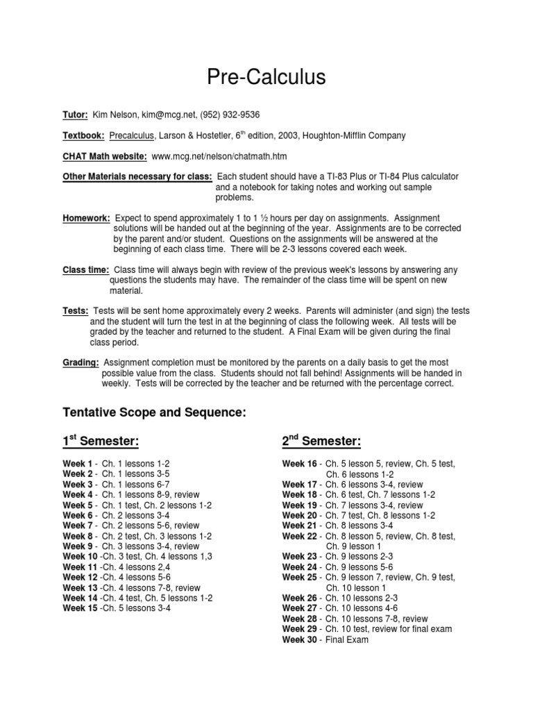 Pre-Calculus: Tentative Scope and Sequence: 1 Semester: 2 Semester ...