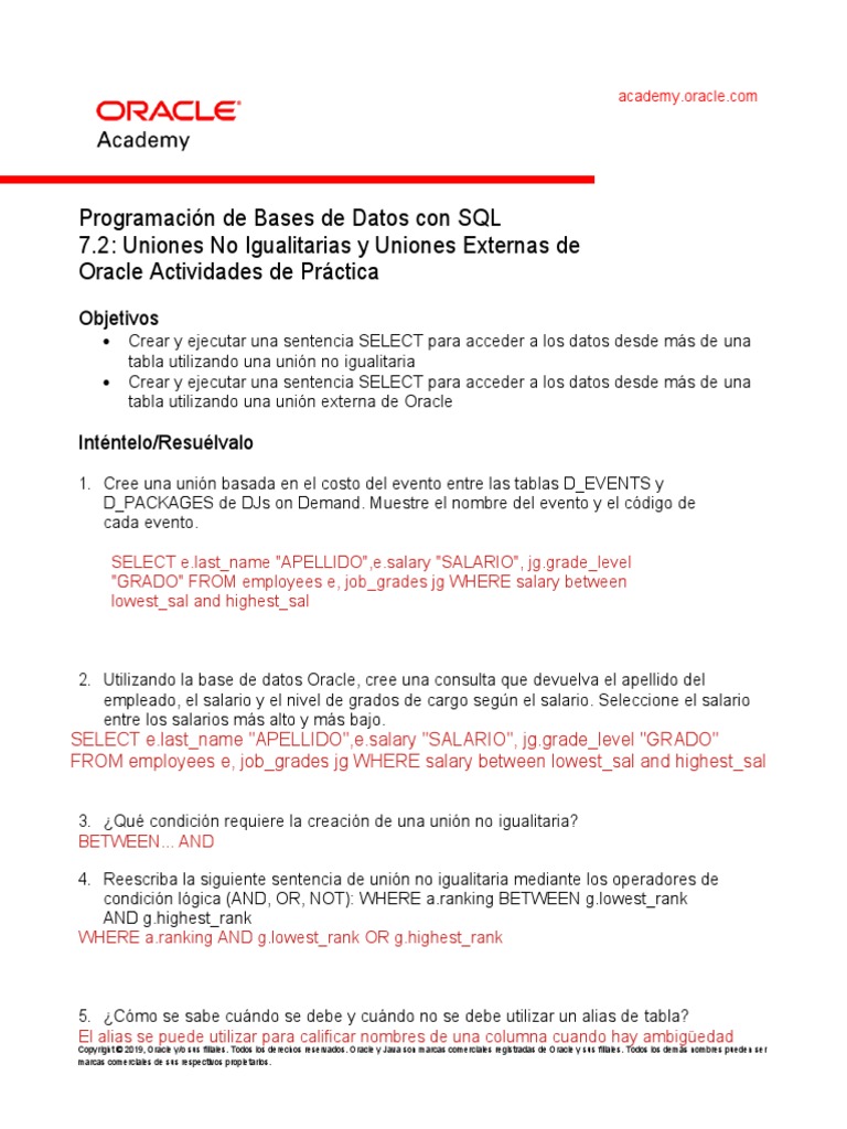 DP 7 2 Practice Esp | Descargar gratis PDF | SQL | Oracle Corporation
