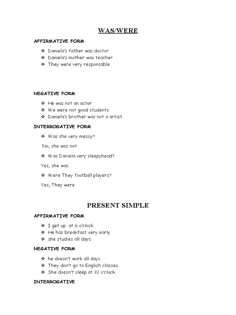 English Grammar: WAS/WERE & Present Simple | PDF | Language Arts ...