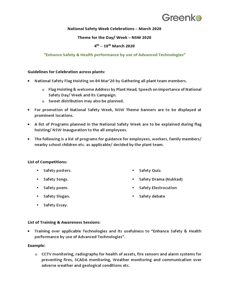 National Safety Week 2020 Guidelines | PDF | Safety | Road Traffic Safety