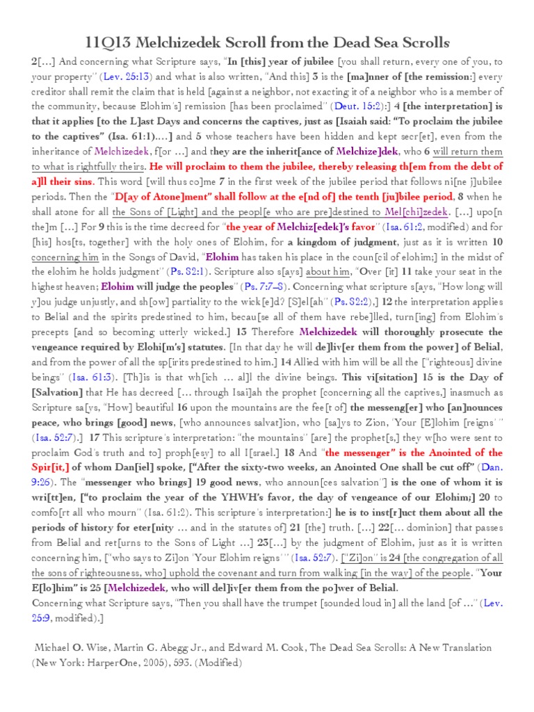 11Q13 Melchizedek Scroll From The Dead Sea Scrolls | PDF | Religious Belief And Doctrine | Theology