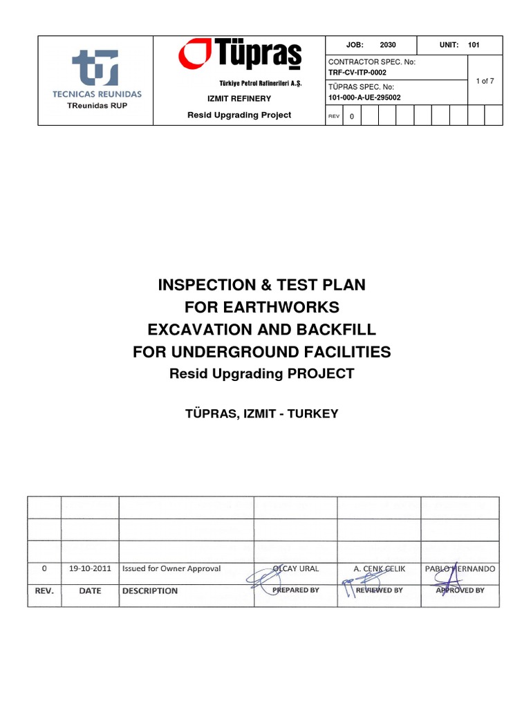 Inspection & Test Plan For Earthworks Excavation and Backfill For ...