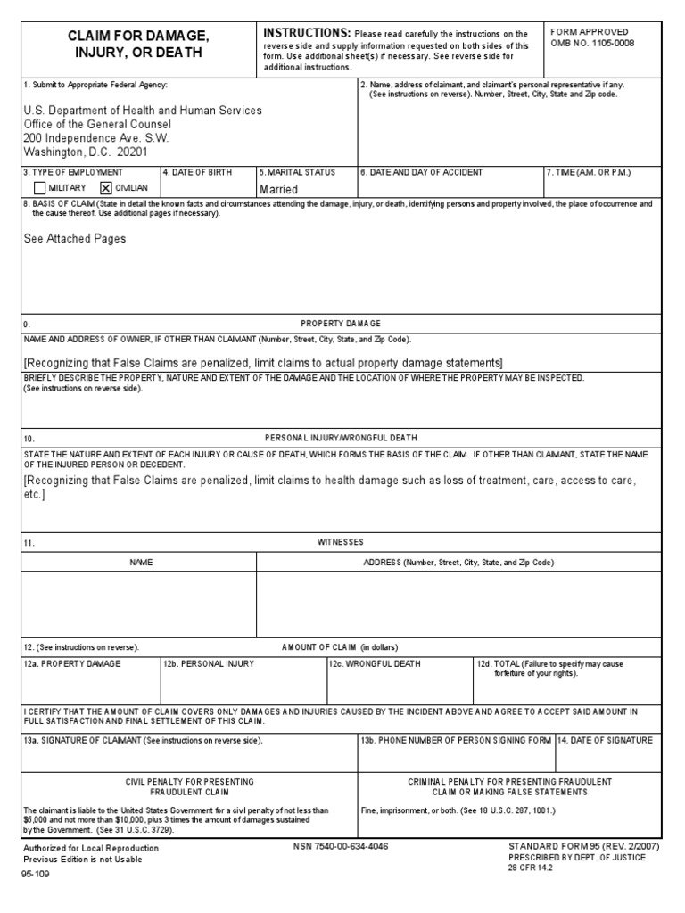 SF95 07a DOJ Standard Form 95 Sample For COVID PDF | Download Free PDF ...