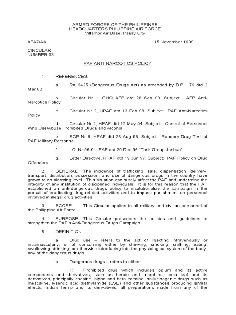 CIRCULAR NR 03 (PAF Anti-Narcotics Policy) | PDF | Narcotic | Opium