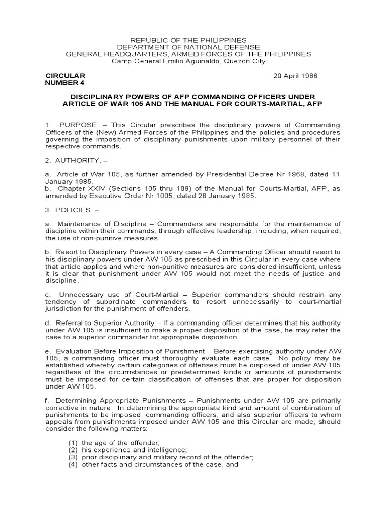 CIRCULAR NR 4 (Disciplinary Powers of AFP COs Under AW 105 & The Manual ...