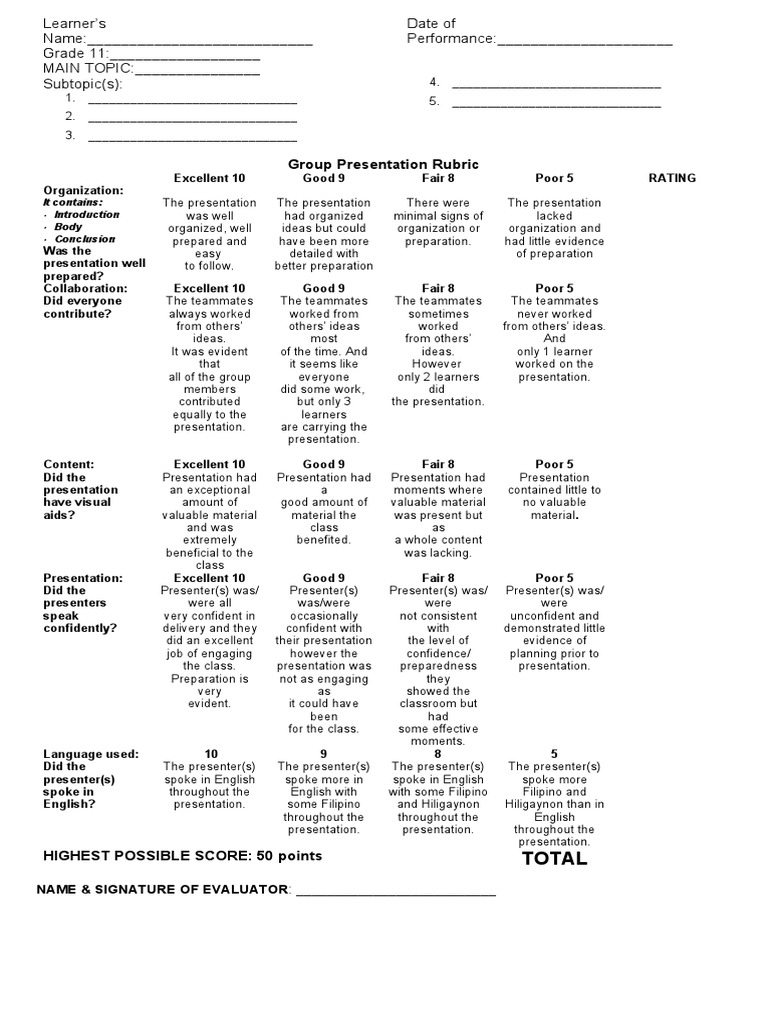Group Presentation Rubric: Total | PDF | Applied Psychology | Education ...
