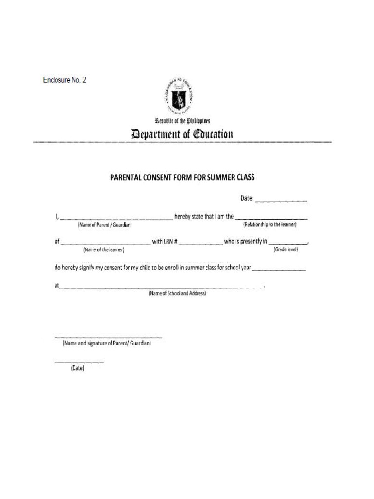 Parental Consent Form For Summer CLass | PDF