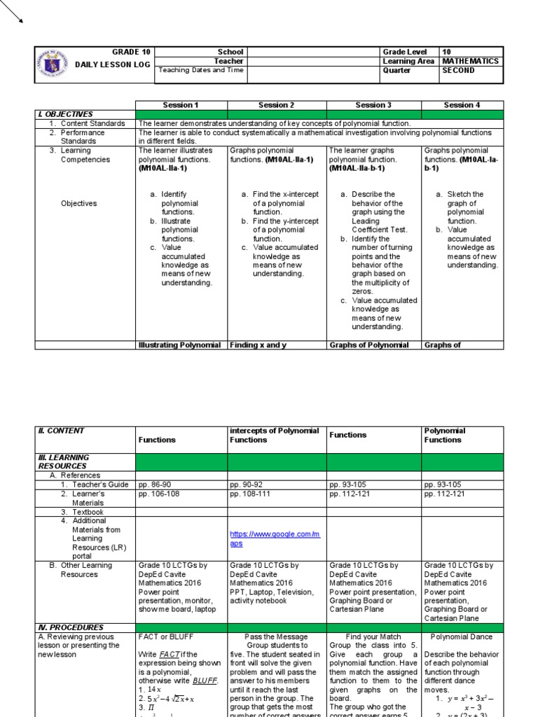 Grade 10 Daily Lesson Log School Grade Level 10 Teacher Learning Area ...