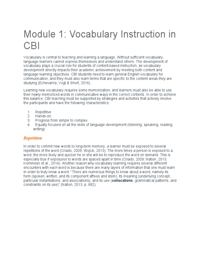 Module 1: Vocabulary Instruction in CBI: Repetition | PDF | Vocabulary ...