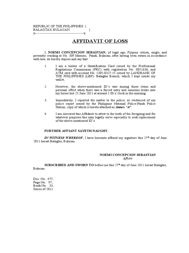 Affidavit of Loss: Further Affiant Sayeth Naught | PDF