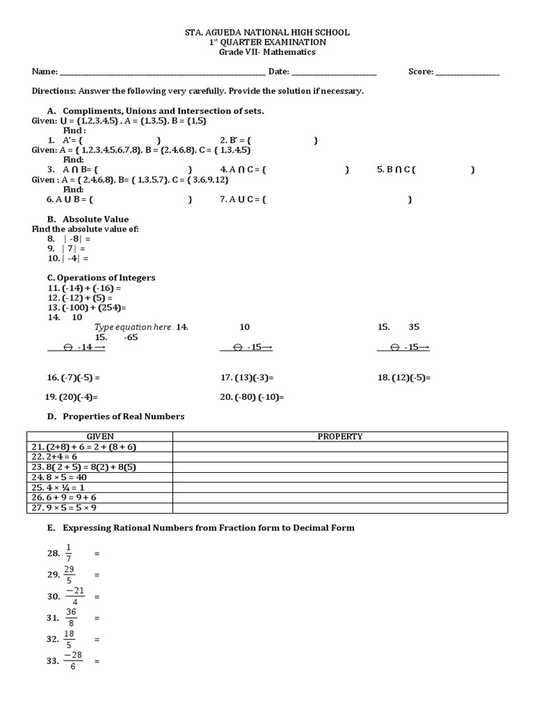 Grade 7 1ST Quarter Exam | Download Free PDF | Rational Number ...