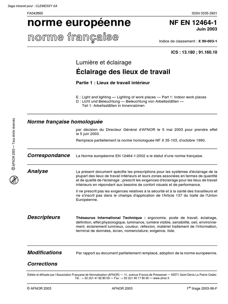 NF en 12464-1 - Éclairage Des Lieux de Travail | PDF | Lumière | Couleur