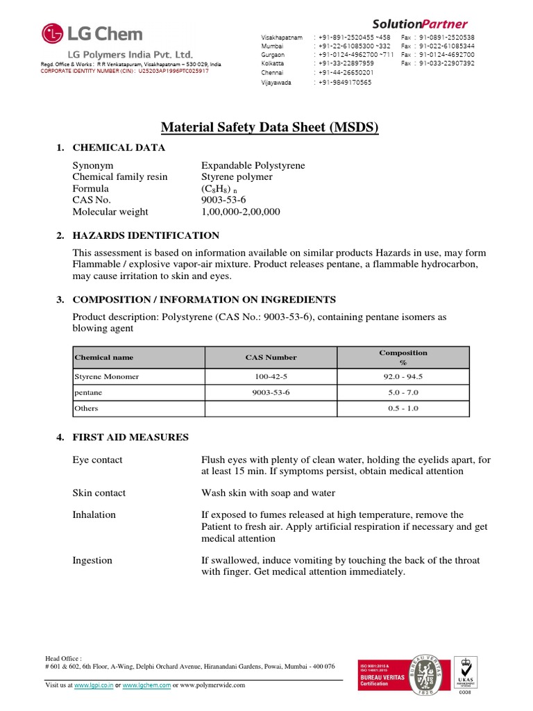 Eps MSDS PDF | PDF | Polystyrene | Waste Management