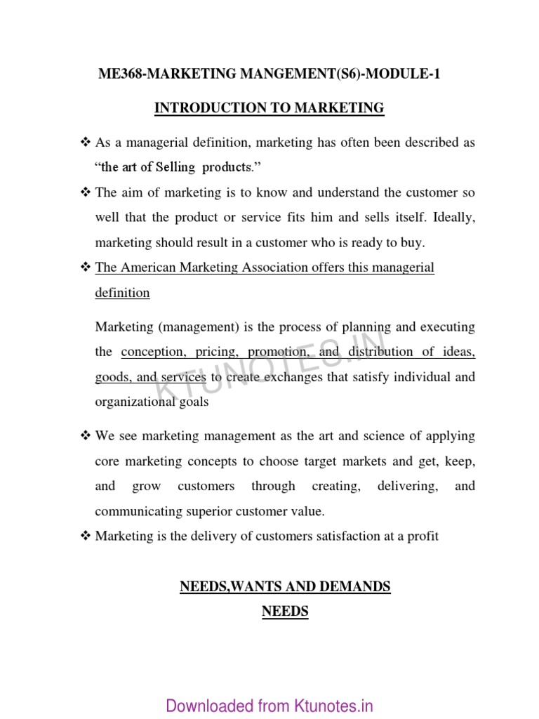 Ktunotes - In: Me368-Marketing Mangement (S6) - Module-1 Introduction ...