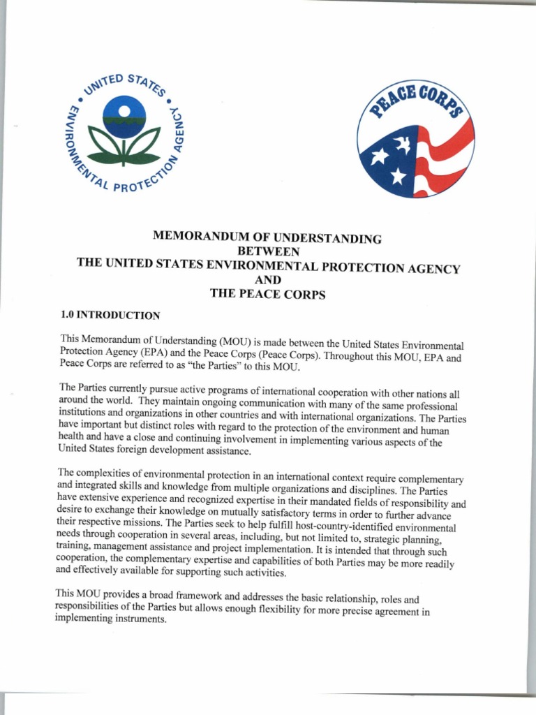 Peace Corps EPA Memorandum of Understanding | United States ...