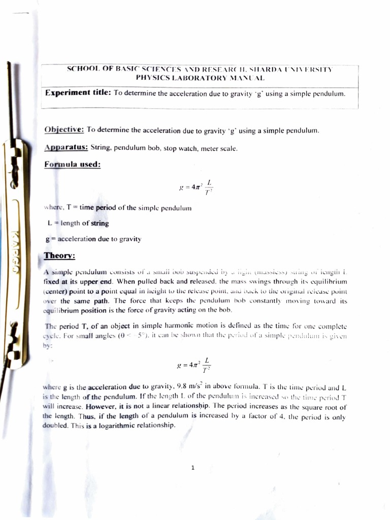 Determining Gravity: An Experimental Analysis of the Acceleration Due to Gravity Using a Simple ...