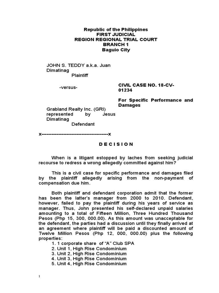 Philippines Civil Case: Performance & Laches | PDF | Laches (Equity ...