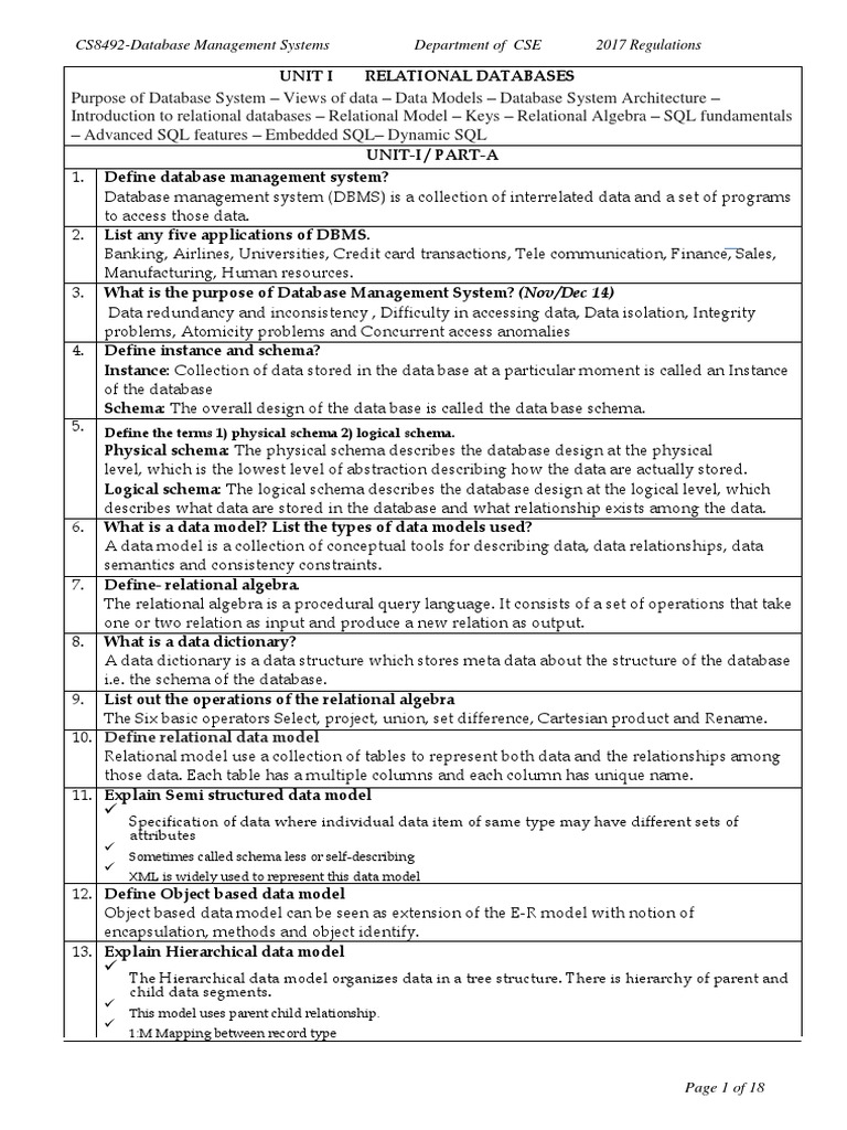 CS8492-Database Management Systems Department of CSE: Relational Databases | PDF | Relational ...