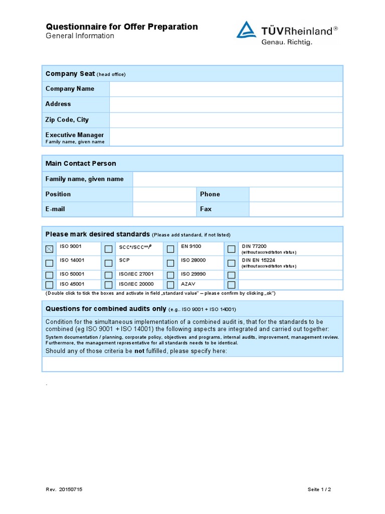 Questionnaire For Offer Preparation: General Information | PDF | Iso ...