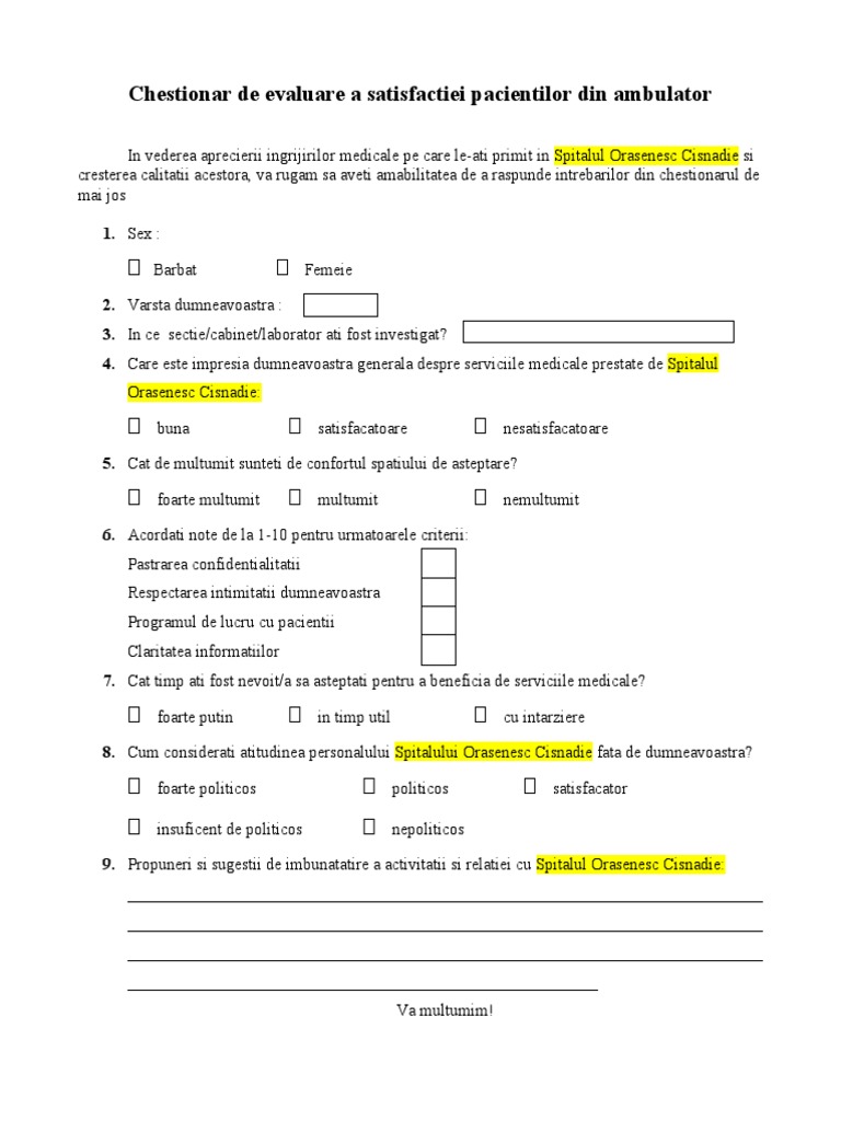 Chestionar de Evaluare A Satisfactiei Pacientilor Din Ambulator | PDF
