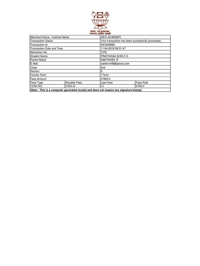 Note: This Is A Computer Generated Receipt and Does Not Require Any ...