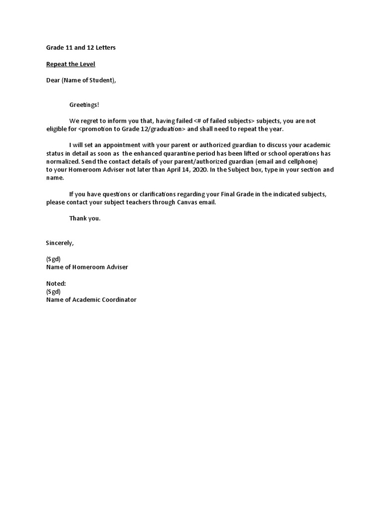 Academic Status Update Letters: Promotion, Retention, Remediation, and ...