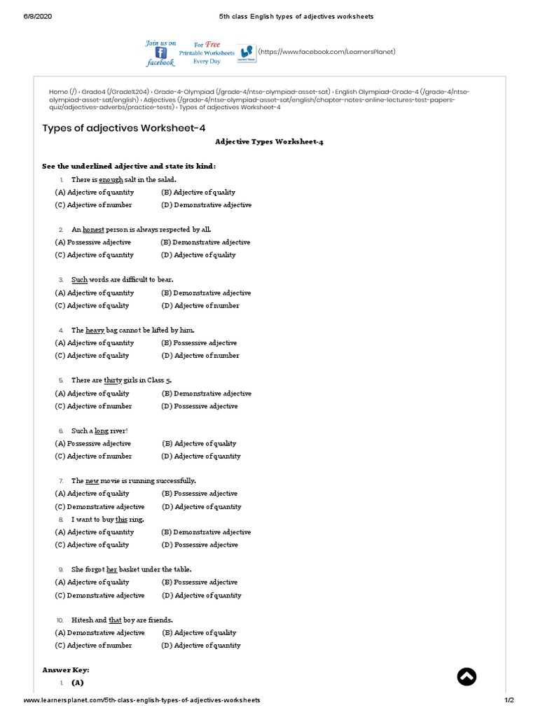 Adjective Worksheets Grade 5