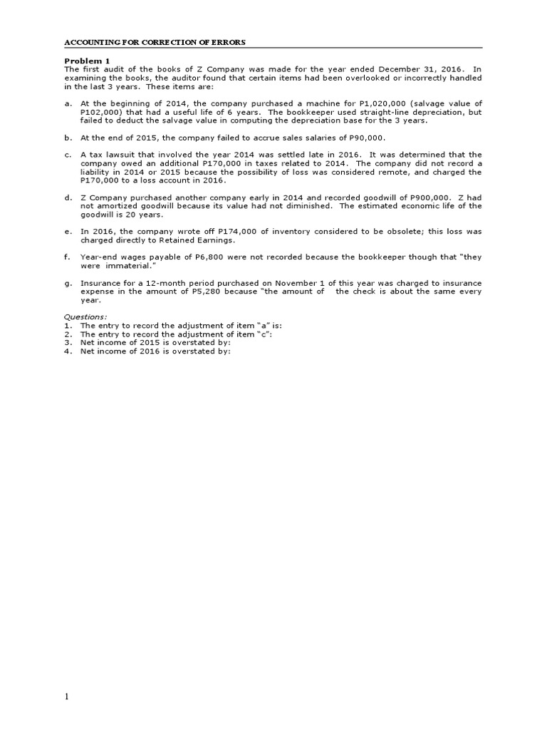 Accounting For Correction Of Errors Problem 1 Questions Pdf Equity Finance Expense