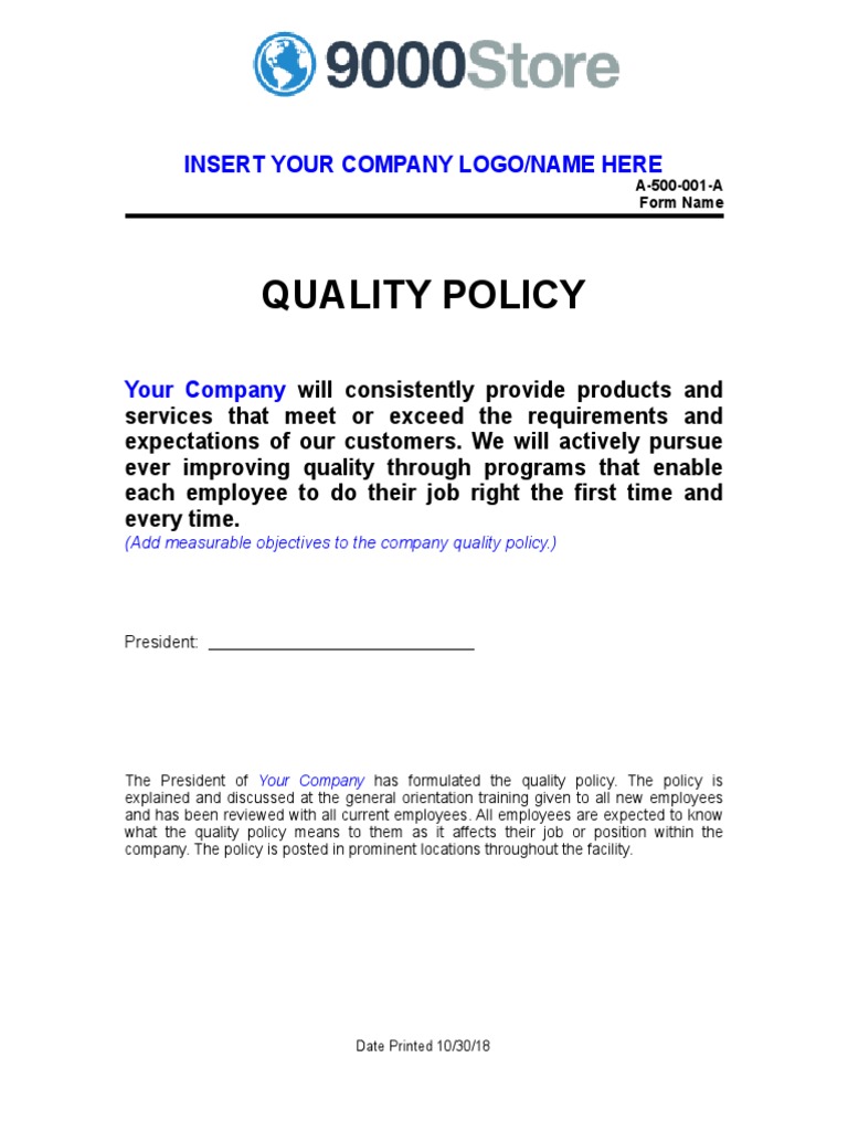 Quality Policy: Insert Your Company Logo/Name Here | PDF