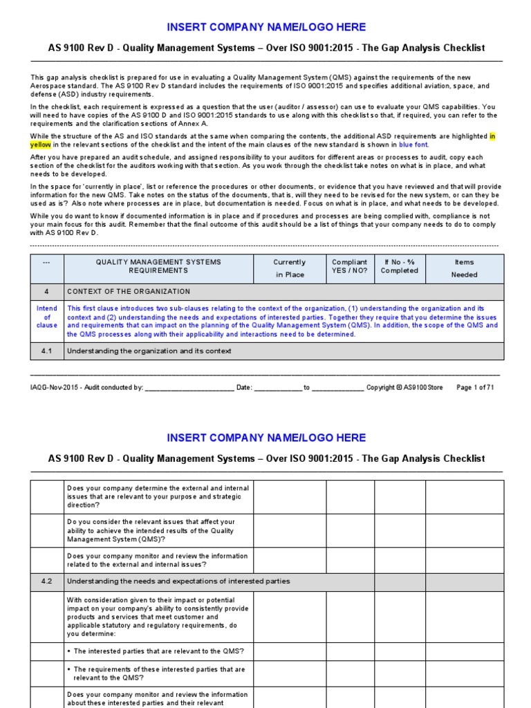 AS 9100 D From ISO 9001 Gap Checklist SAMPLE | PDF | Quality Management ...