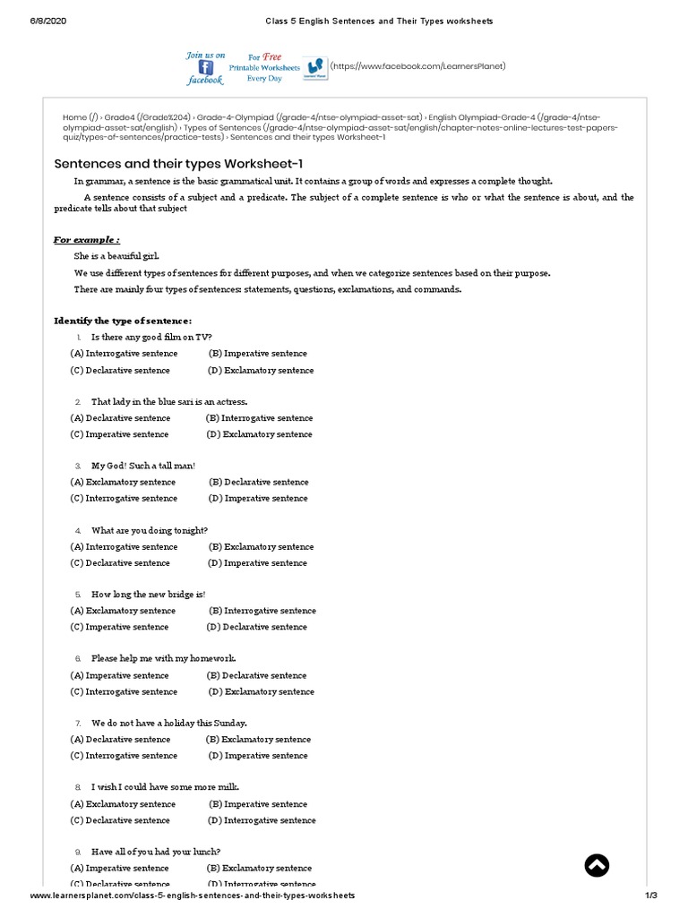 Class 5 English Sentences and Their Types Worksheets | PDF | Sentence ...