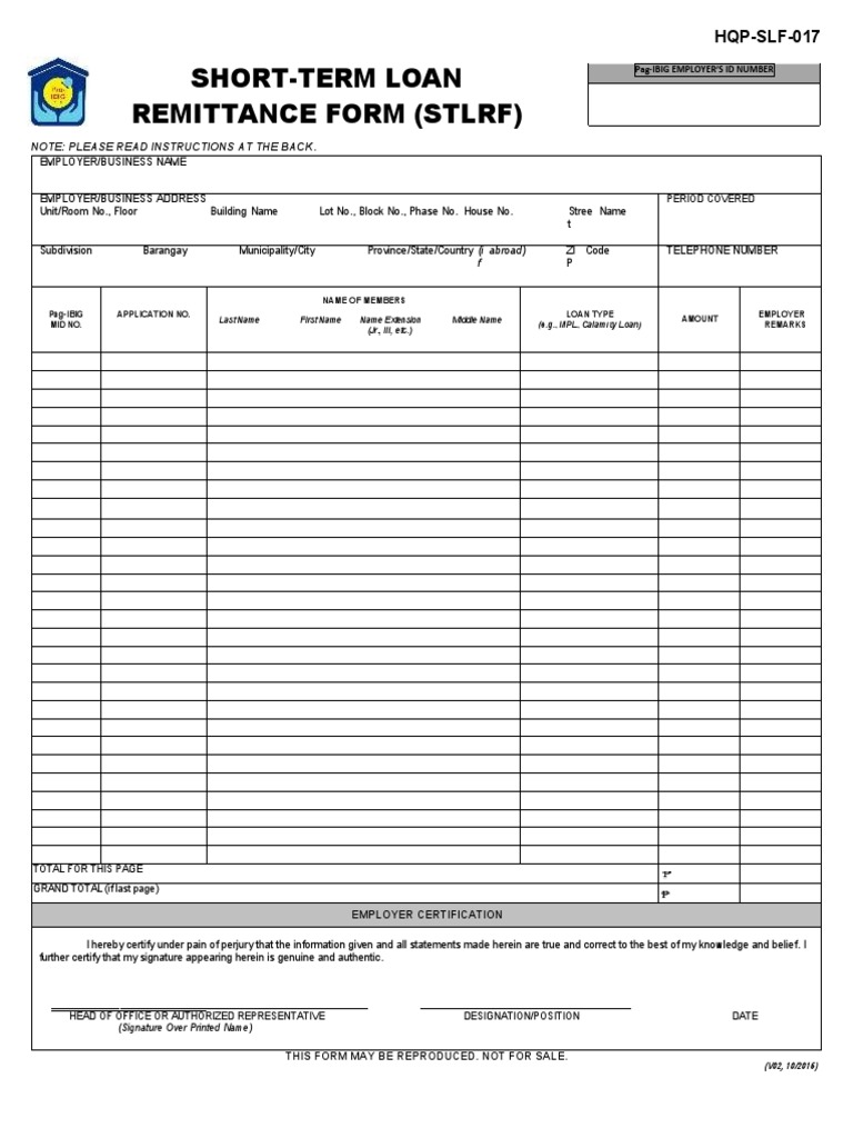 Short-Term Loan Remittance Form (STLRF) : HQP-SLF-017 | PDF | Loans ...