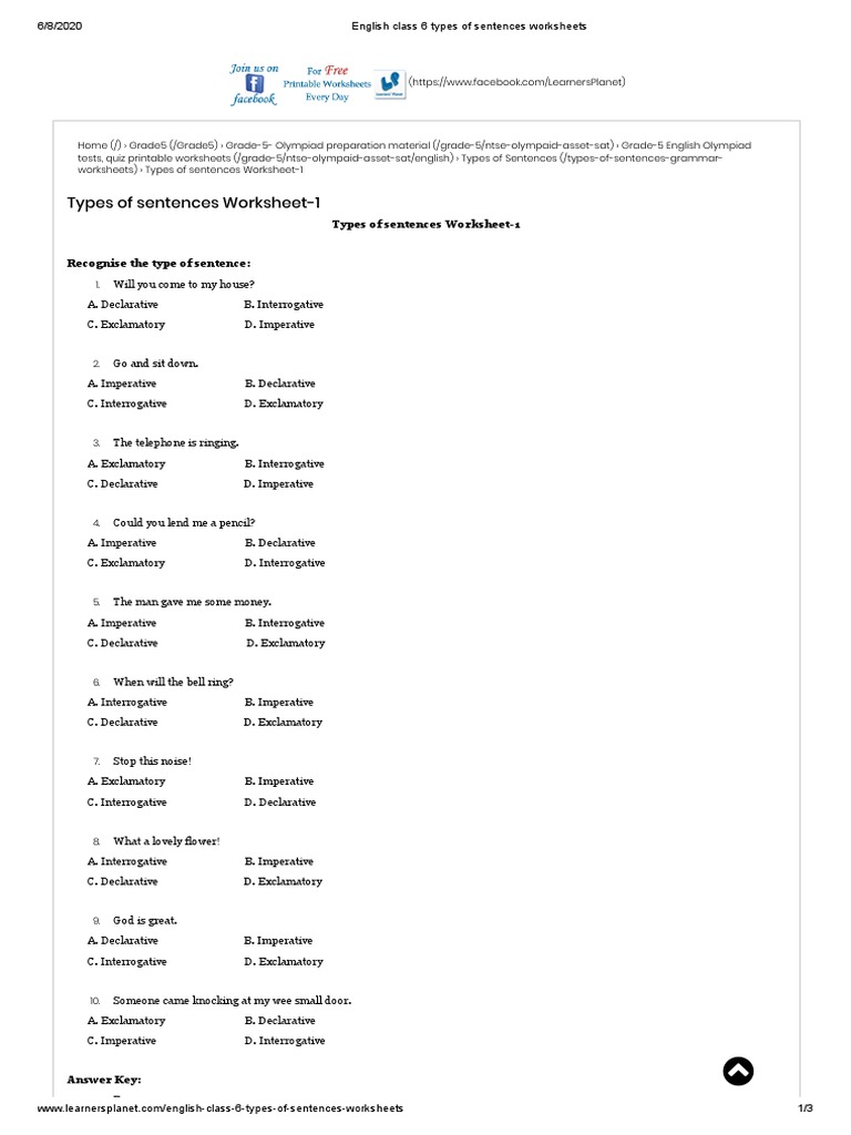 English Class 6 Types of Sentences Worksheets | PDF | Symbols | Grammar