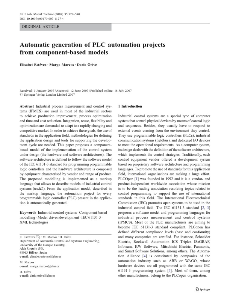 Automatic Generation of PLC Automation Projects From Component Based ...