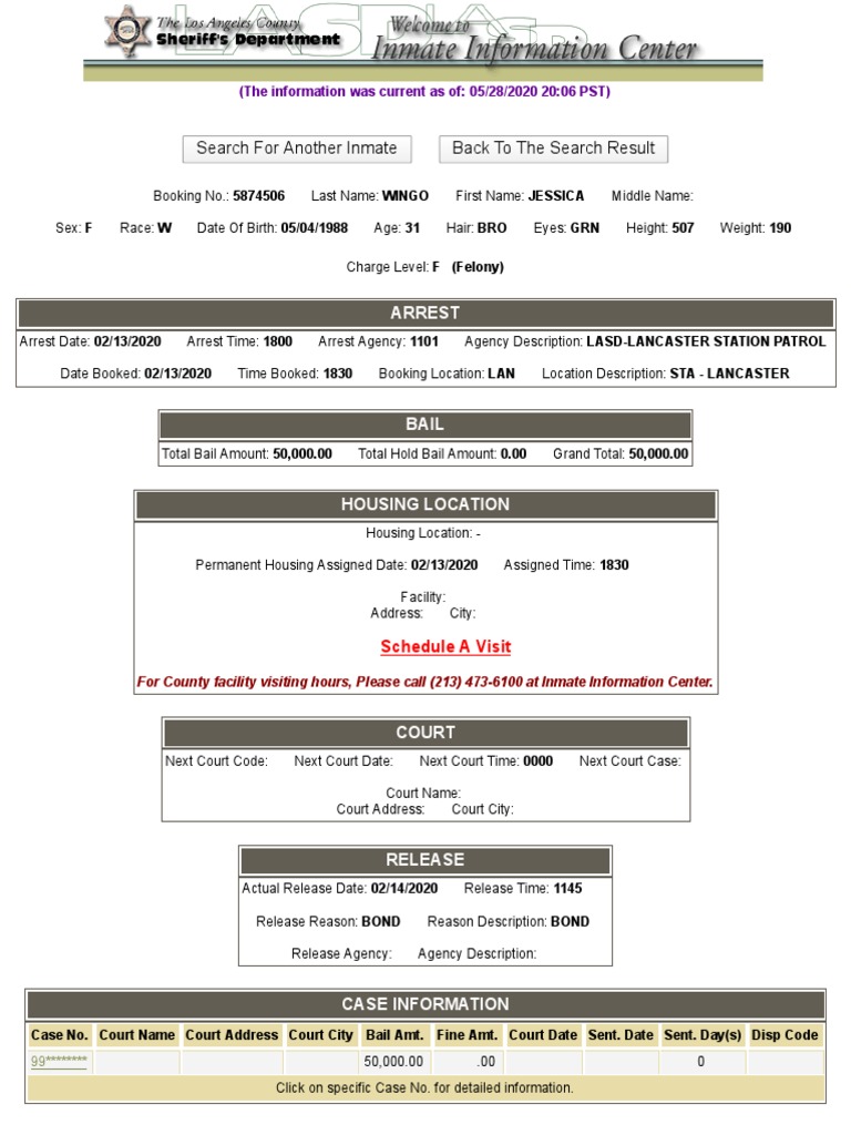 Inmate Profile for Jessica Wingo Booked on February 13, 2020 at the ...