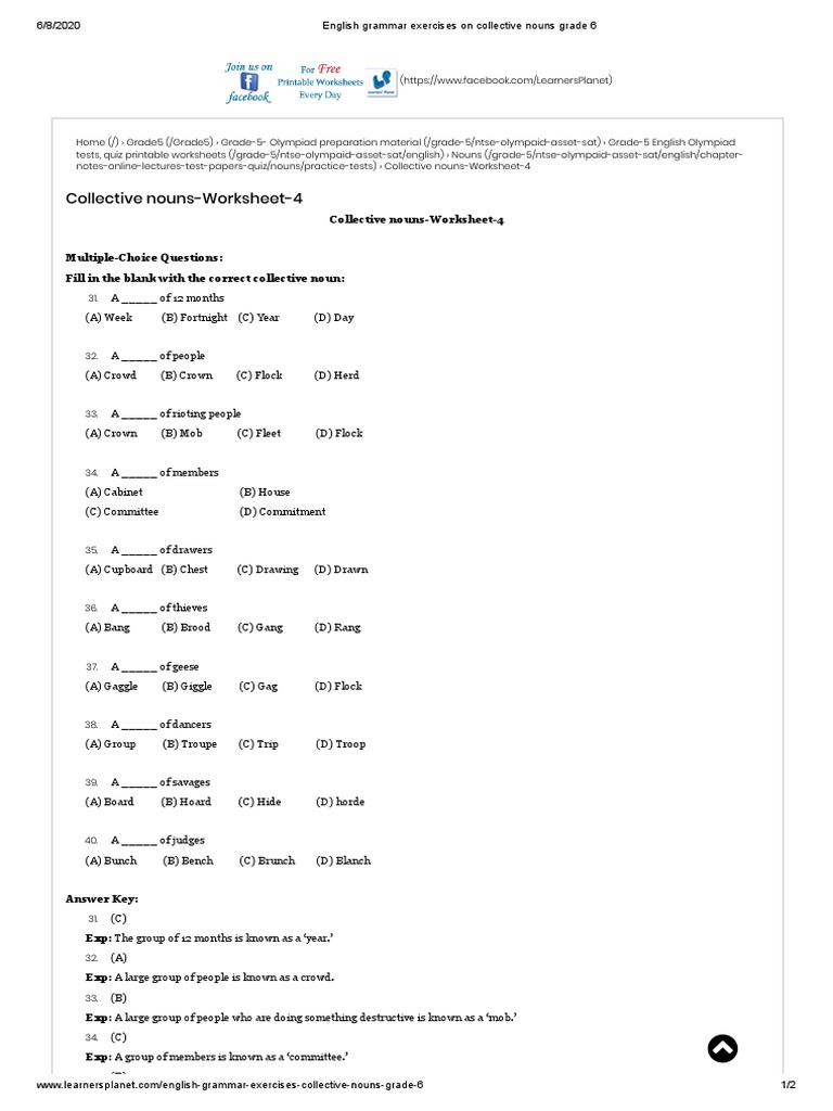 English Grammar Exercises On Collective Nouns Grade 6 PDF | PDF