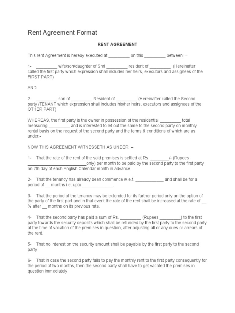 Rent Agreement Format | PDF | Leasehold Estate | Lease