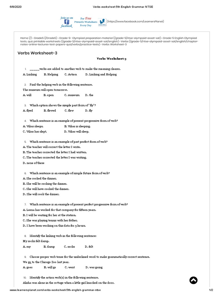 Verbs Worksheet 5th English Grammar NTSE | PDF | Languages | Language ...