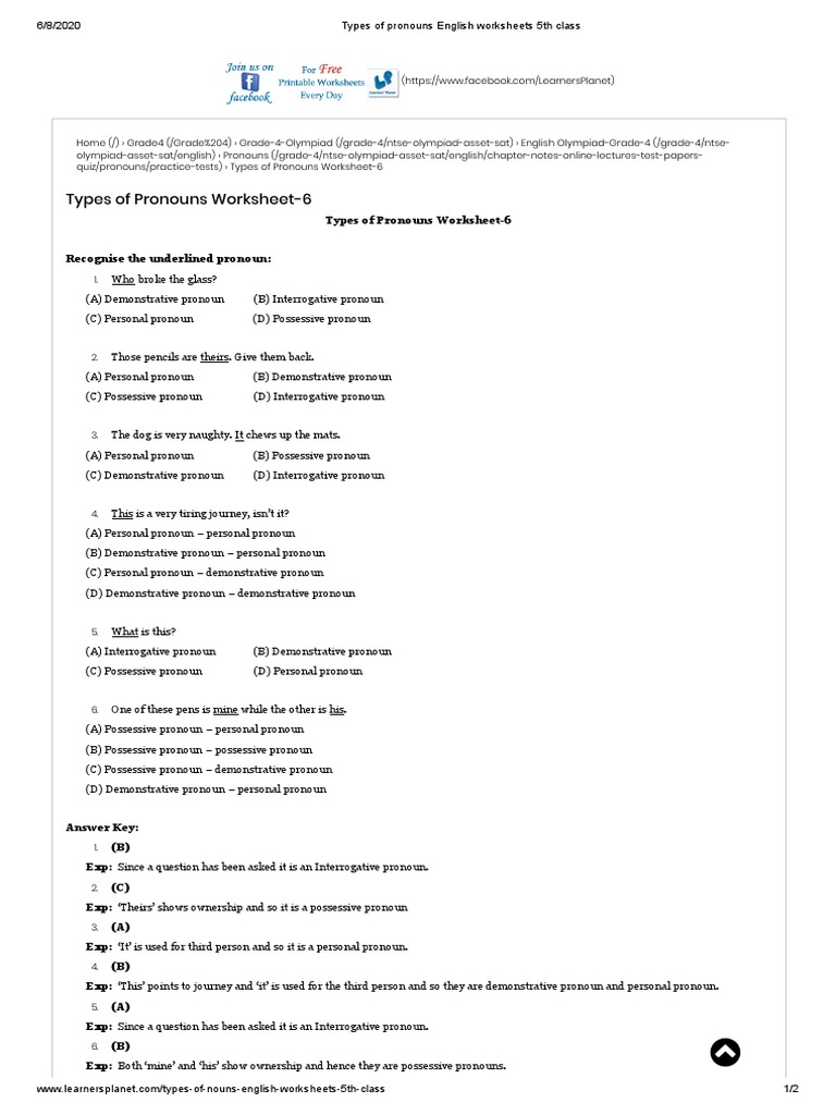 Types of Pronouns English Worksheets 5th Class | PDF | Pronoun ...