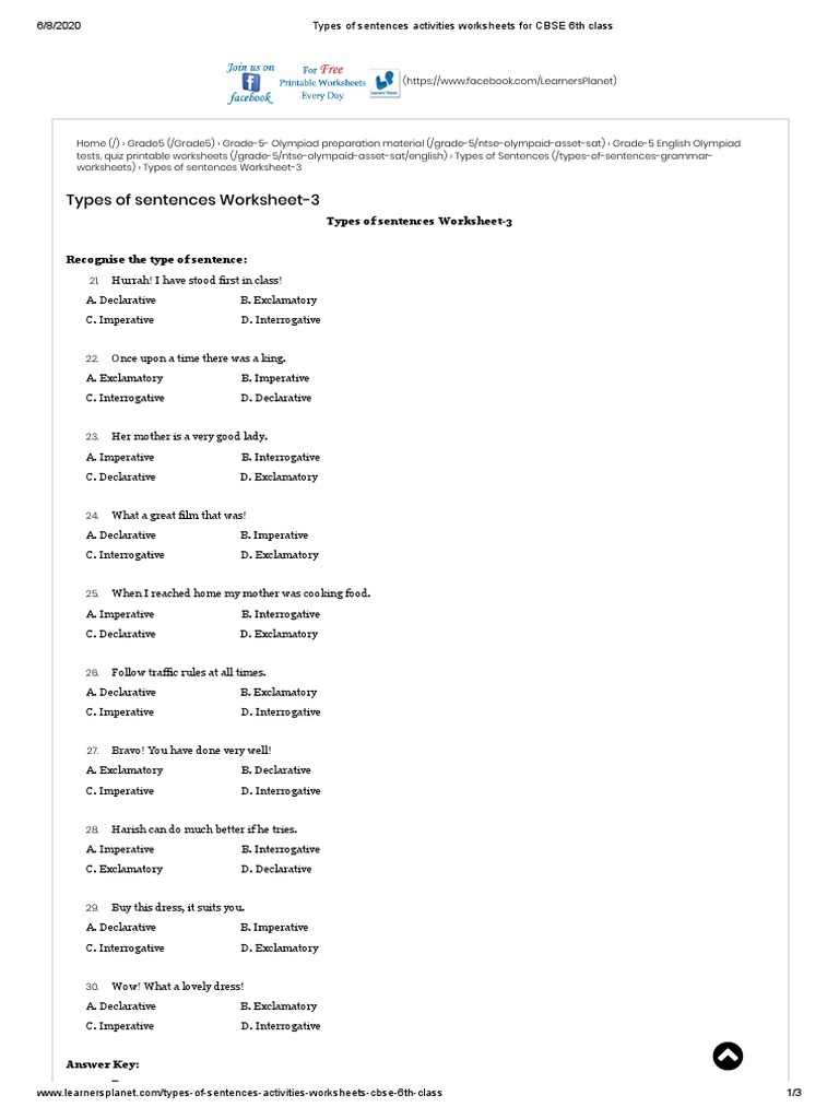 Types of Sentences Activities Worksheets For CBSE 6th Class | PDF ...