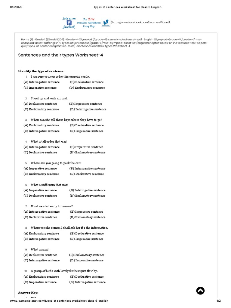 Types of Sentences Worksheet 4 For Class 5 English | PDF | Syntax | Grammar